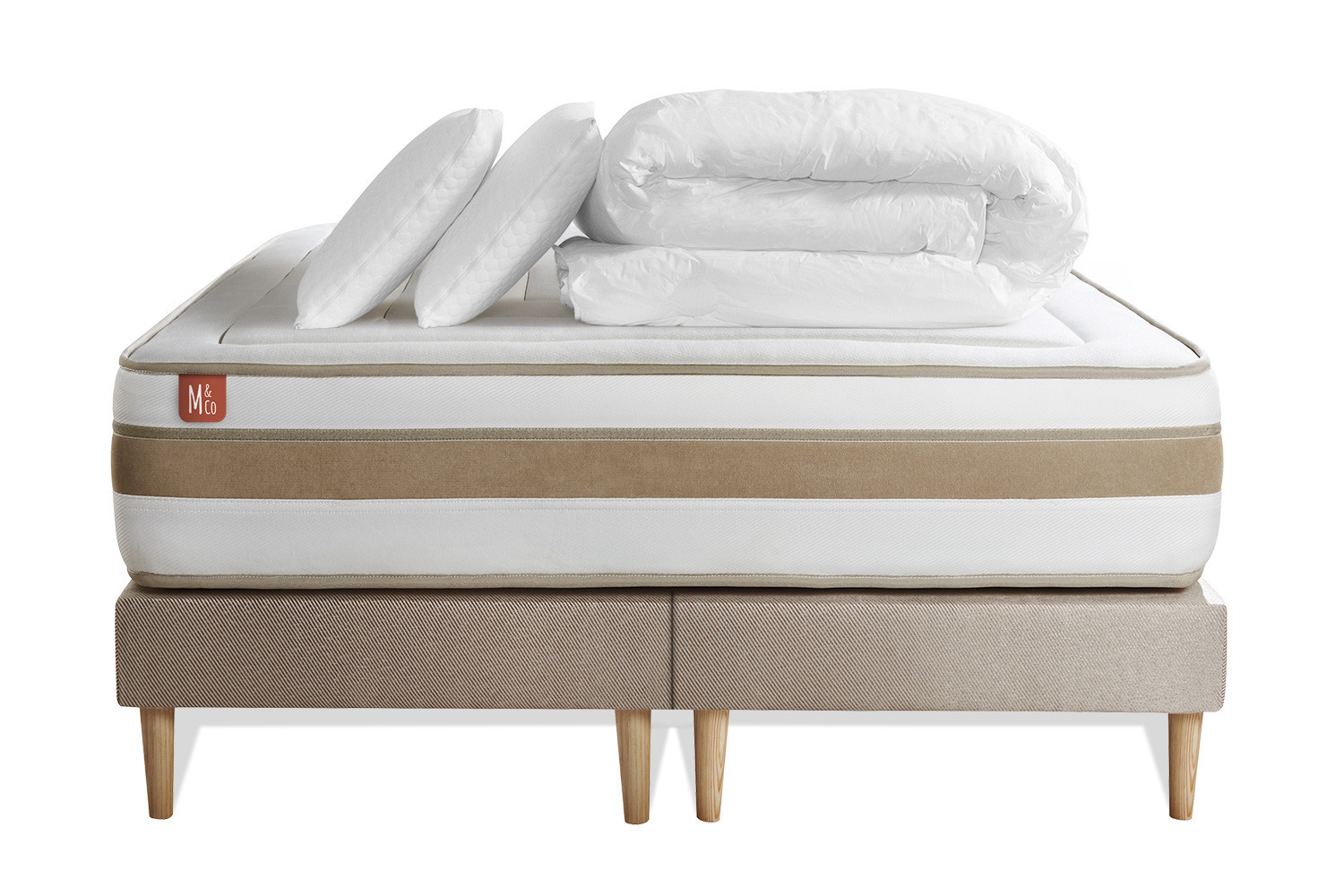 Pack lit complet 180x200 cm - Matelas + 2 Sommiers Beiges + 2 oreillers ...
