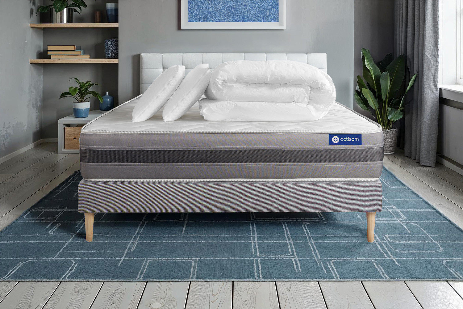 Pack lit complet 140x200 cm - Matelas + Sommier Gris (en kit) + 2 ...