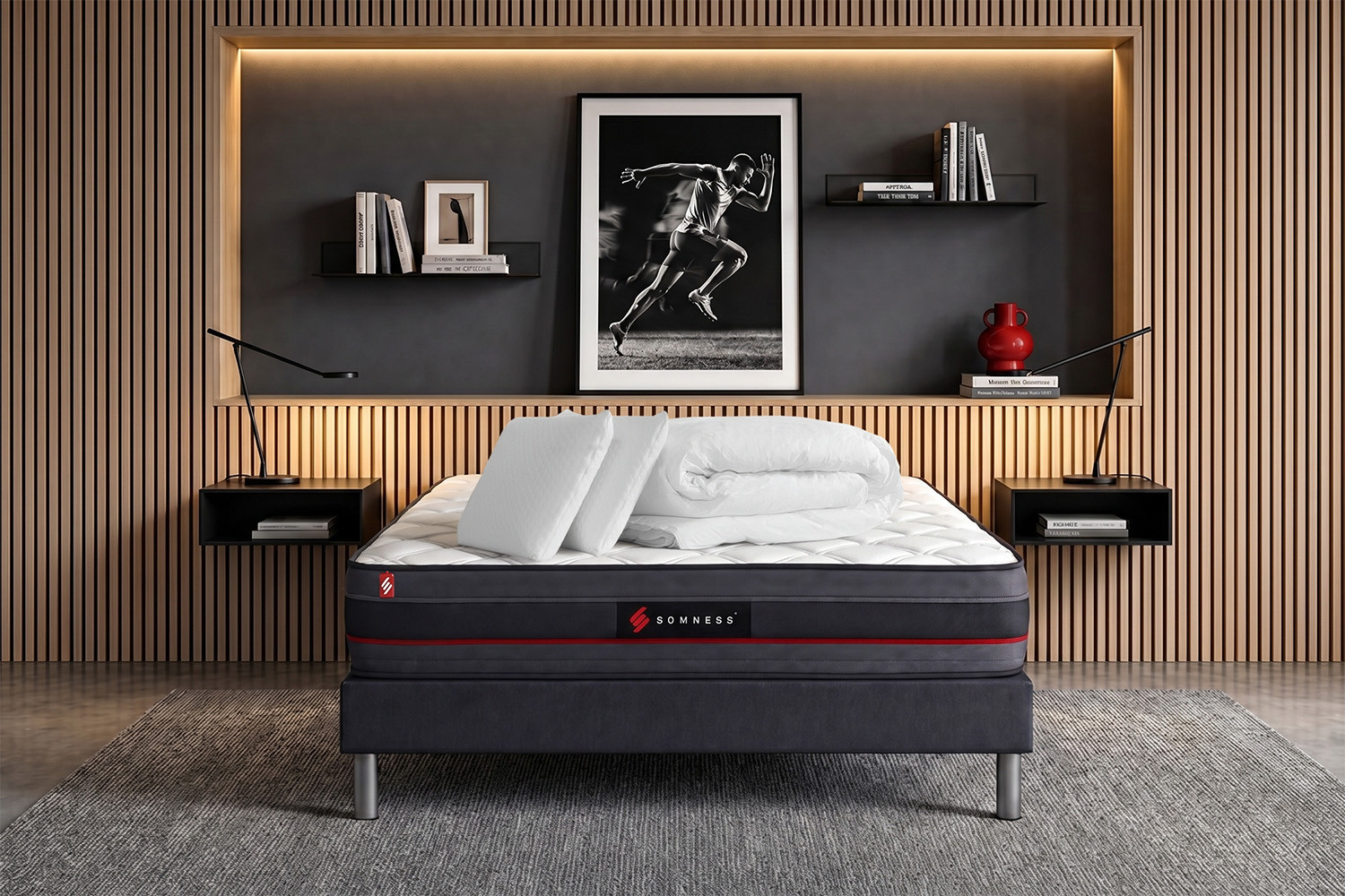 Pack lit complet 180x200 cm - Matelas + Sommier Noir (en kit) + 2 ...