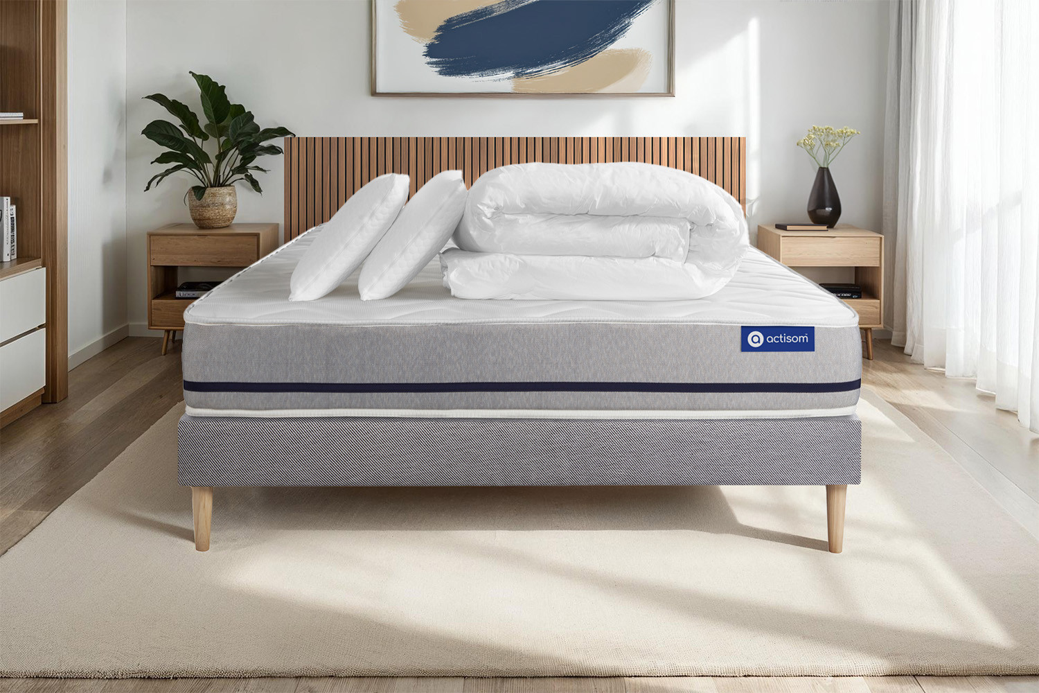 Pack lit complet 200x200 cm - Matelas + Sommier Gris (en kit) + 2 ...